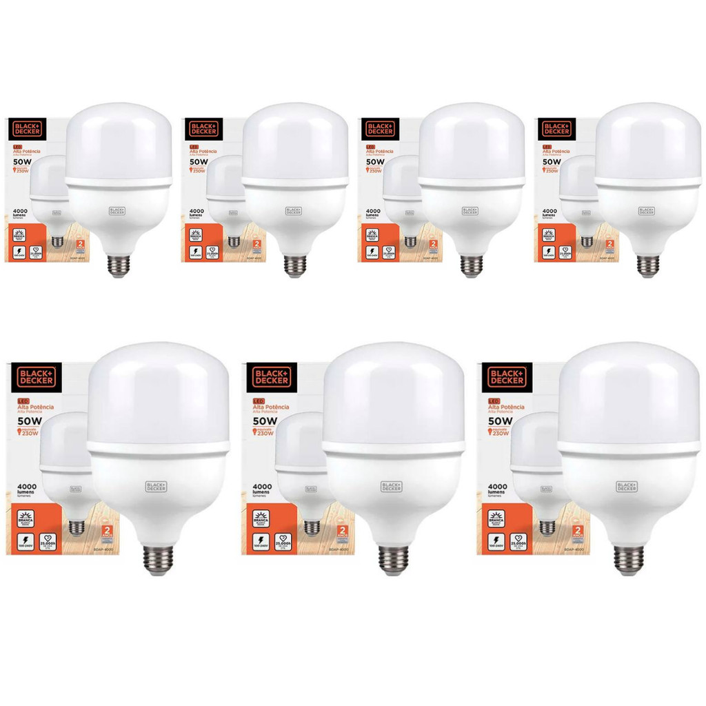 KIT 7 UNIDADES - BLACK & DECKER LÂMPADA LED ALTA POTENCIA ECO T120 50W 6500K 100- | Shopee Brasil