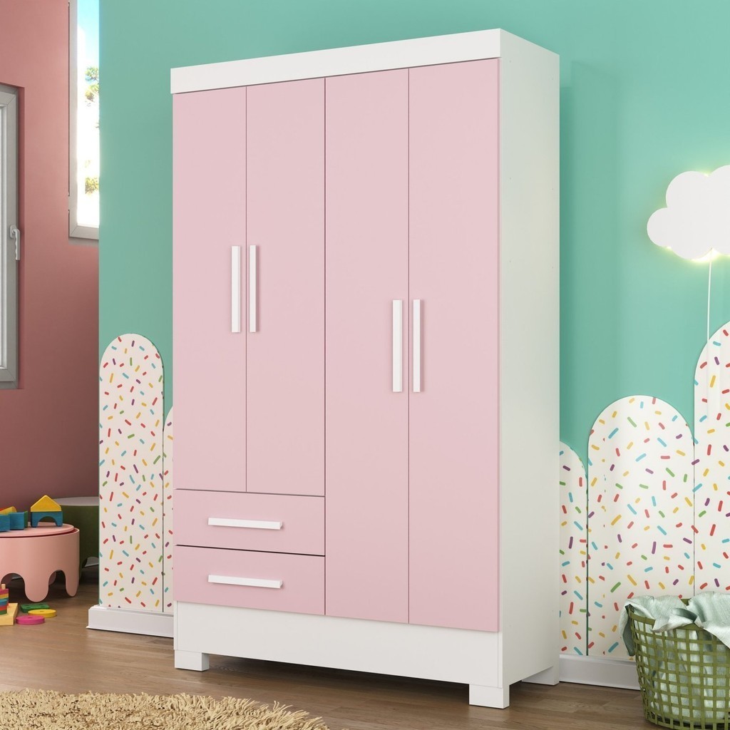 Guarda Roupa Infantil 4 Portas e 2 Gavetas Kit Cat Branco/Rosa | Shopee ...