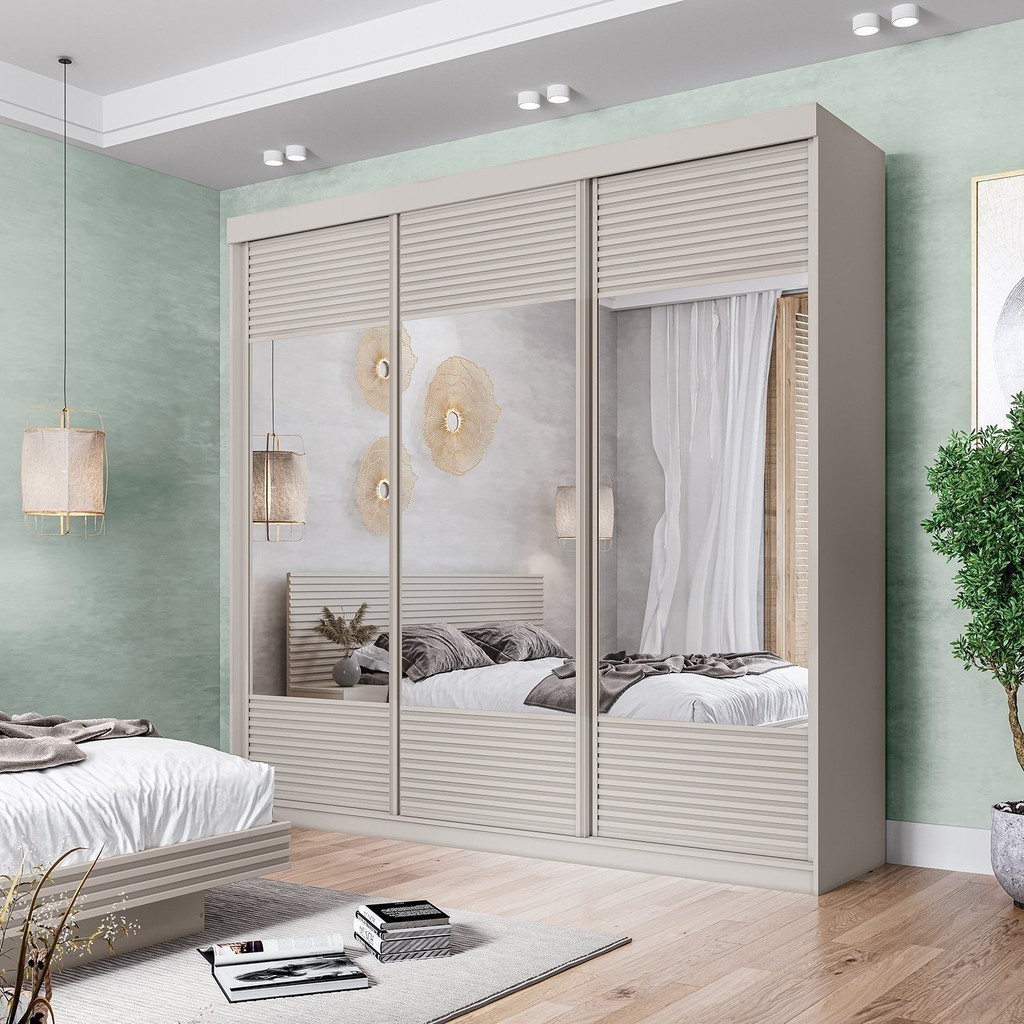 Guarda-roupa Casal 3 Portas de Correr Ripadas com Espelho Samambaia ...