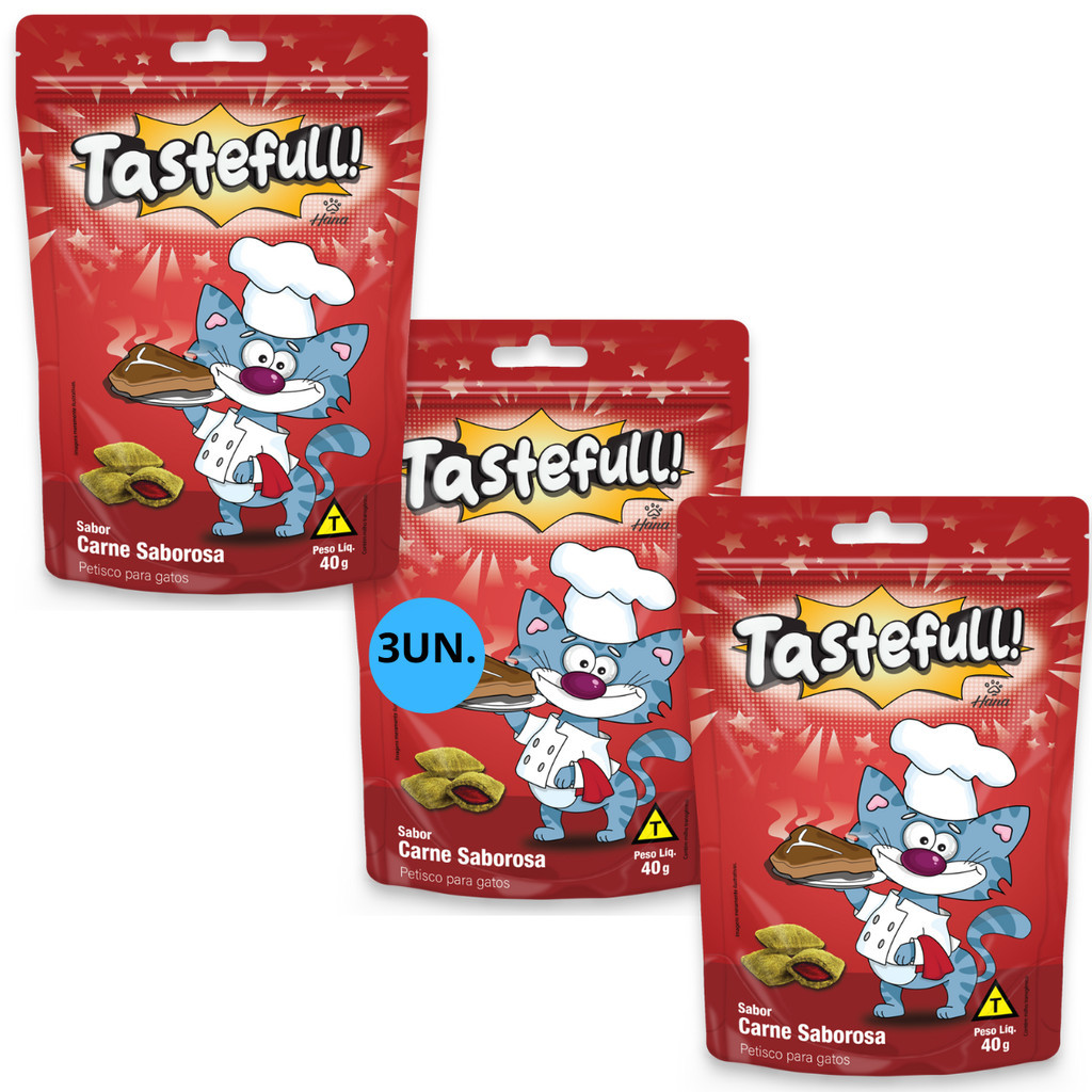 KIT C/ 3 PETISCOS P/ GATOS HANA TASTEFULL NUGGETS SABOR CARNE SABOROSA ...