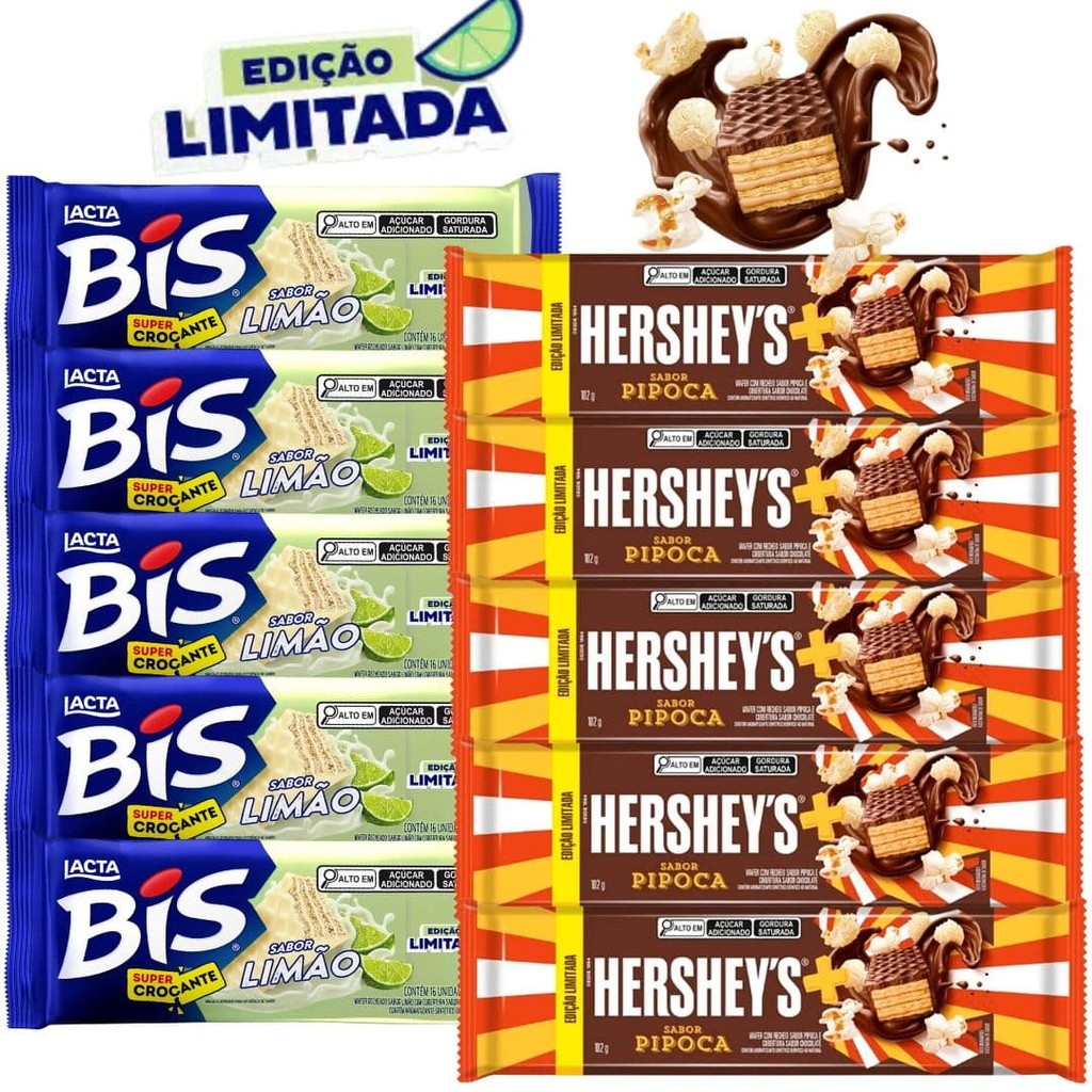 Kit 5un Chocolate Hershey's Mais 102g Recheio Sabor Pipoca + 5un Bis Lacta Sabor Limão 100,8g ...