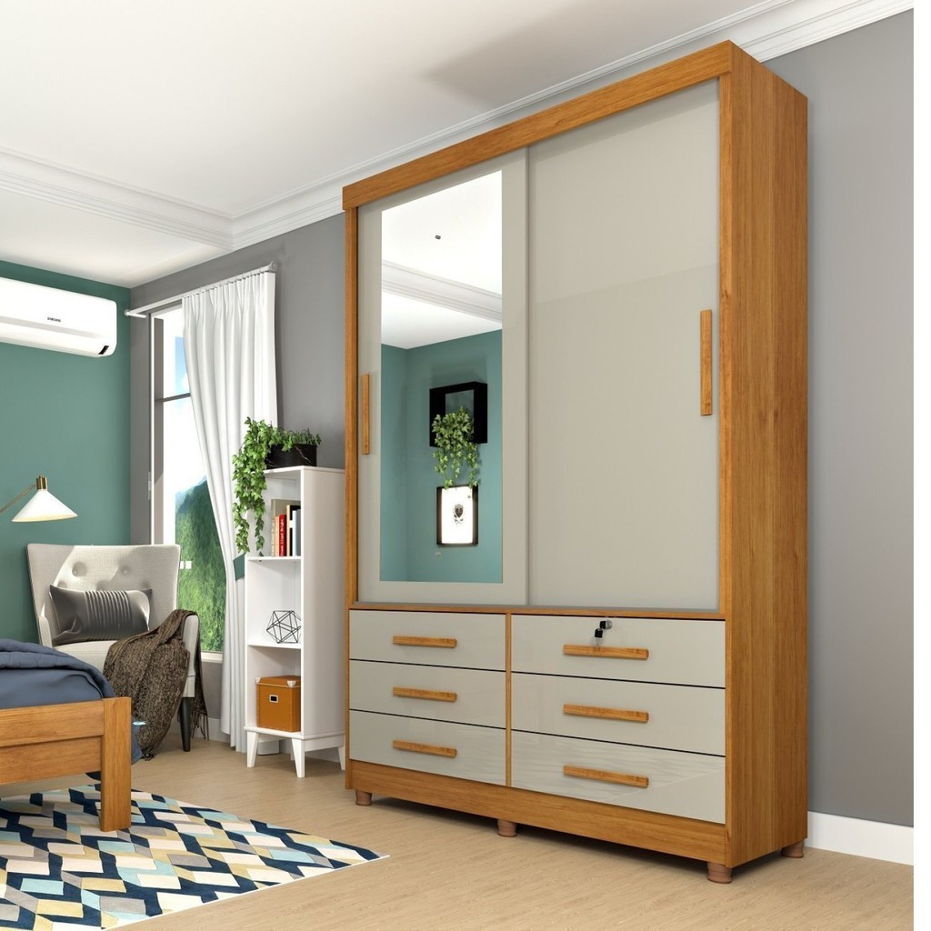 Guarda Roupa Solteiro com Espelho e pés 2 Portas 6 Gavetas 133cm Chicago Cinamomo/Off White ...