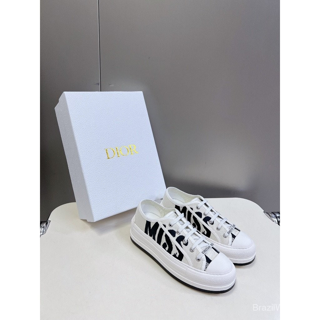 Dior 24ss Novo Estilo Letras Bordadas Elevadas Sapatos de Lona para Mulheres com Solas Grossas ...