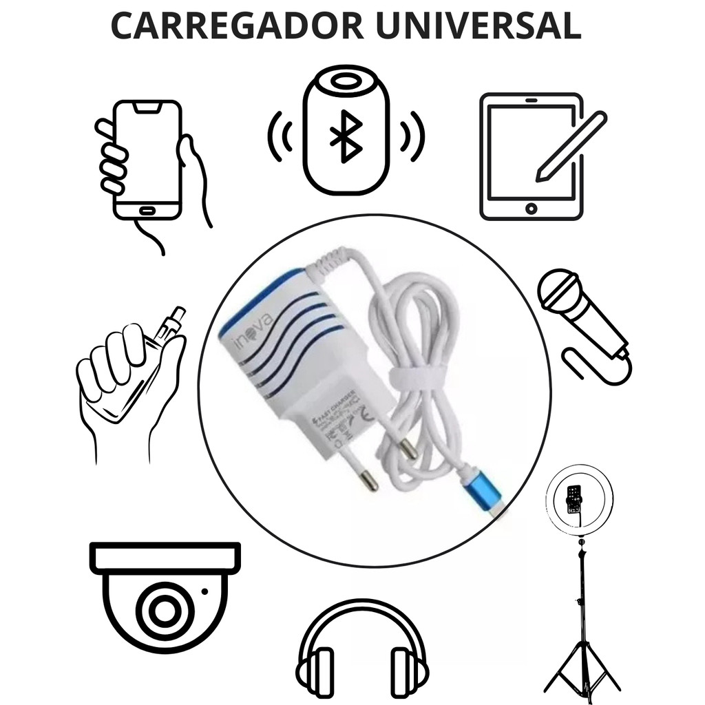 Carregador Inteligente 10W Universal- FONTE USB + CABO Integrado Micro ...