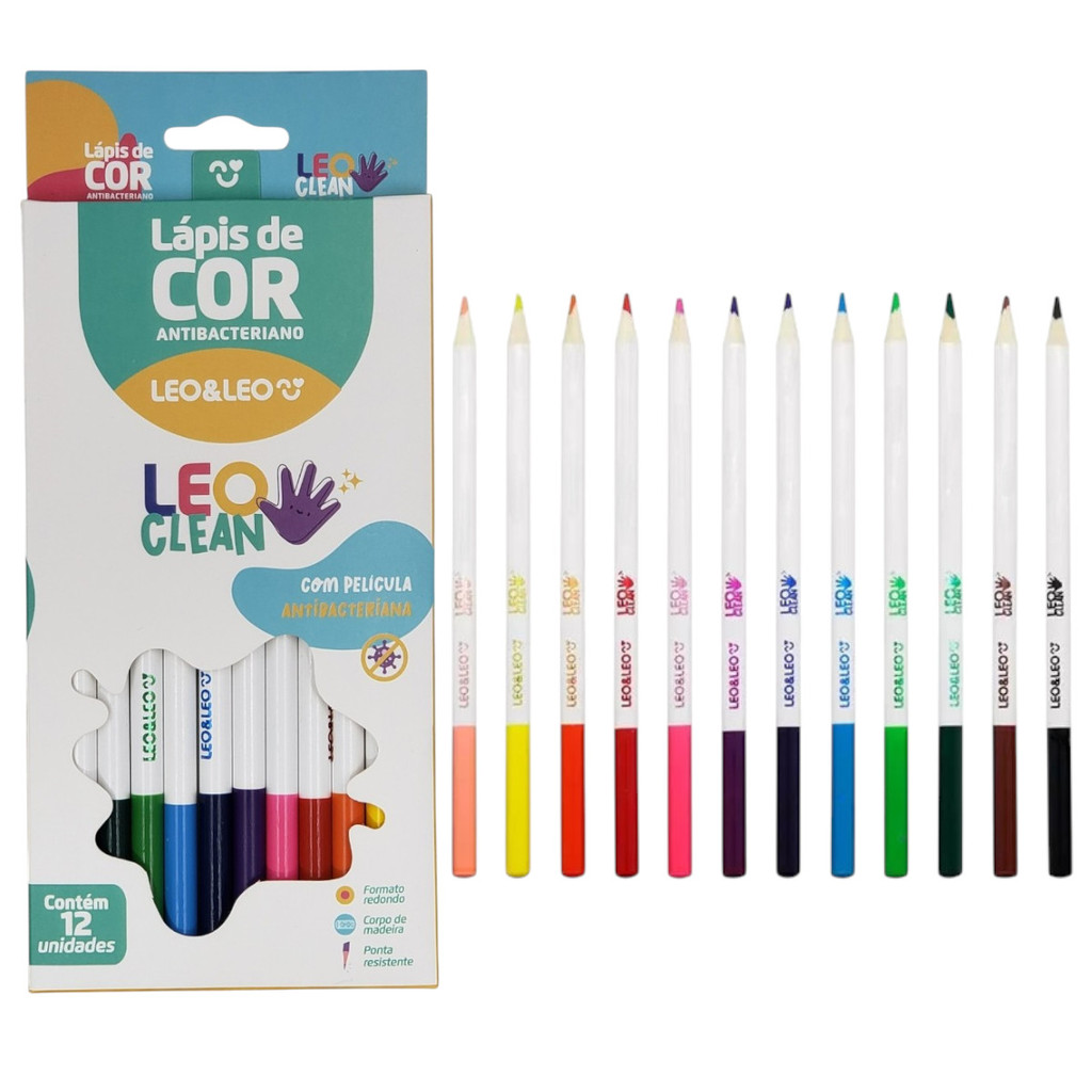 Lápis De Colorir Leoclean Antibacteriano 12 Cores Redondo | Shopee Brasil
