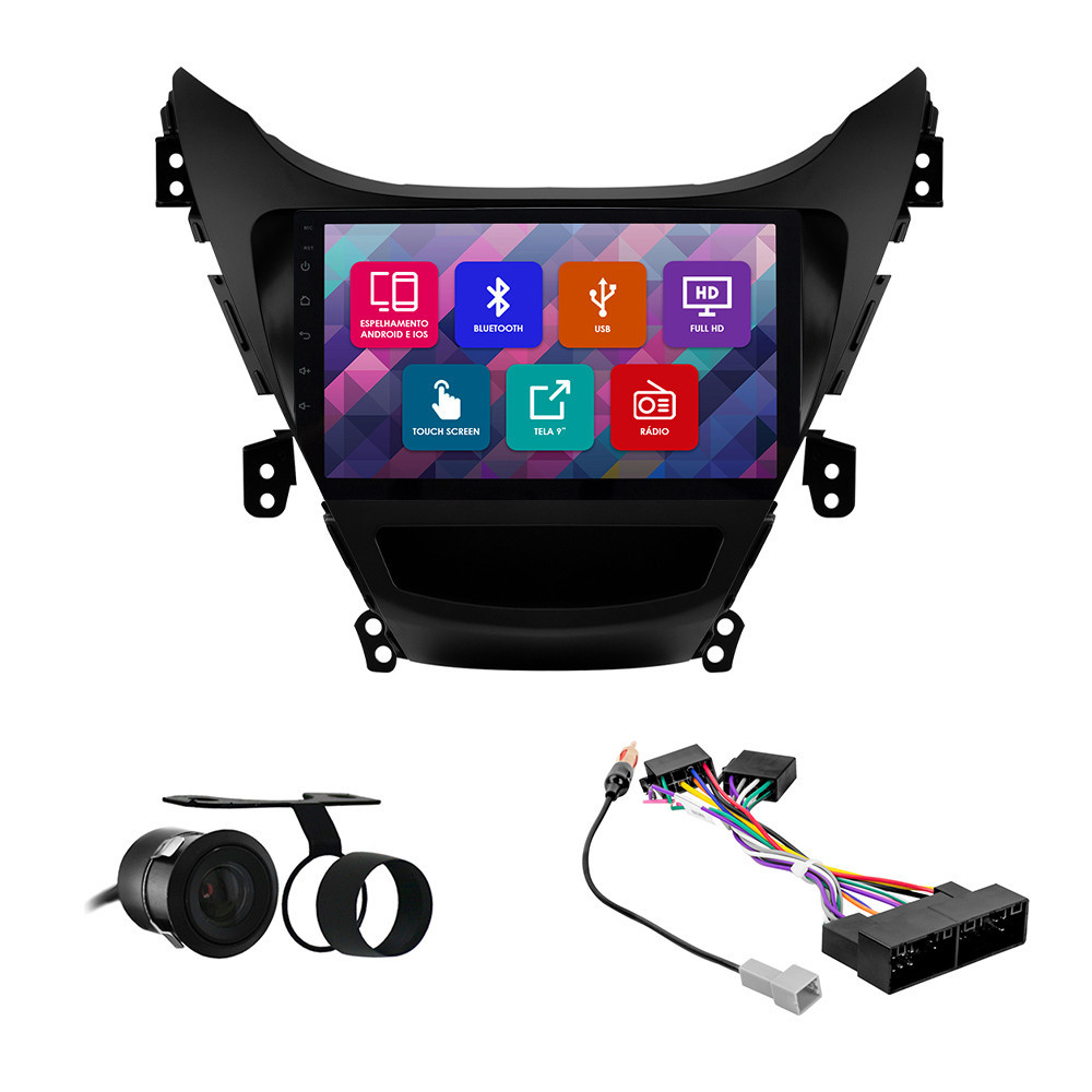 Kit Multimídia 9 Pol Elantra 2012 2013 2014 Espelhamento Android Ios 2 Din Preto Camera Ré ...