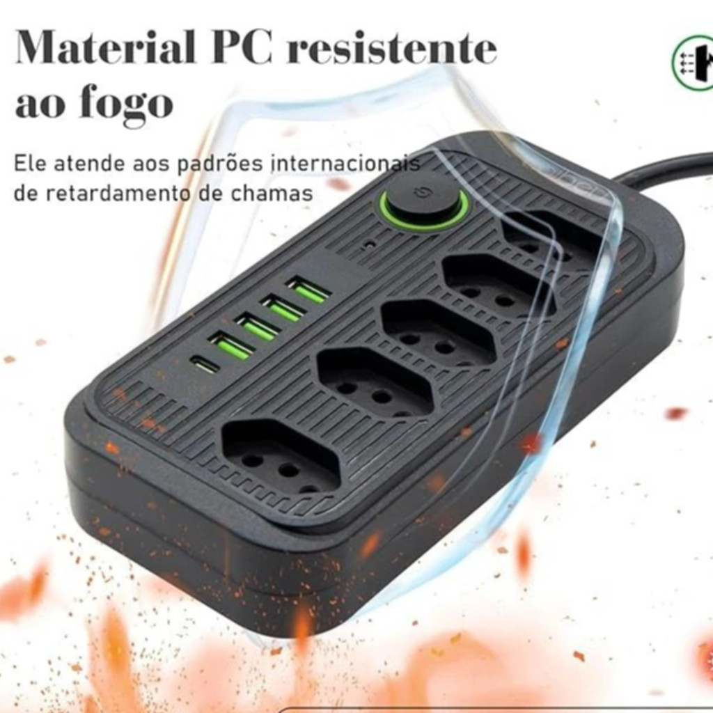 filtro de linha extensão de 5 metros com 5 tomadas 4 usb e 1 entrada tipo-c | Shopee Brasil