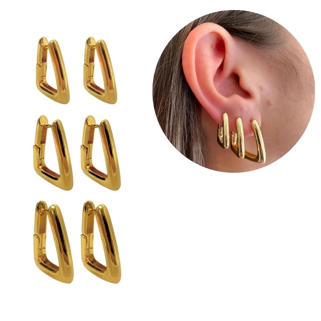 Trio Brinco Argola Triangular Confortável Click Lindo Barato | Shopee Brasil