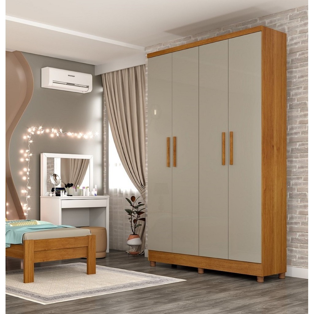 Guarda Roupa Solteiro com pés 4 Portas 2 Gavetas 133cm Amsterdam Cinamomo/Off White | Shopee Brasil