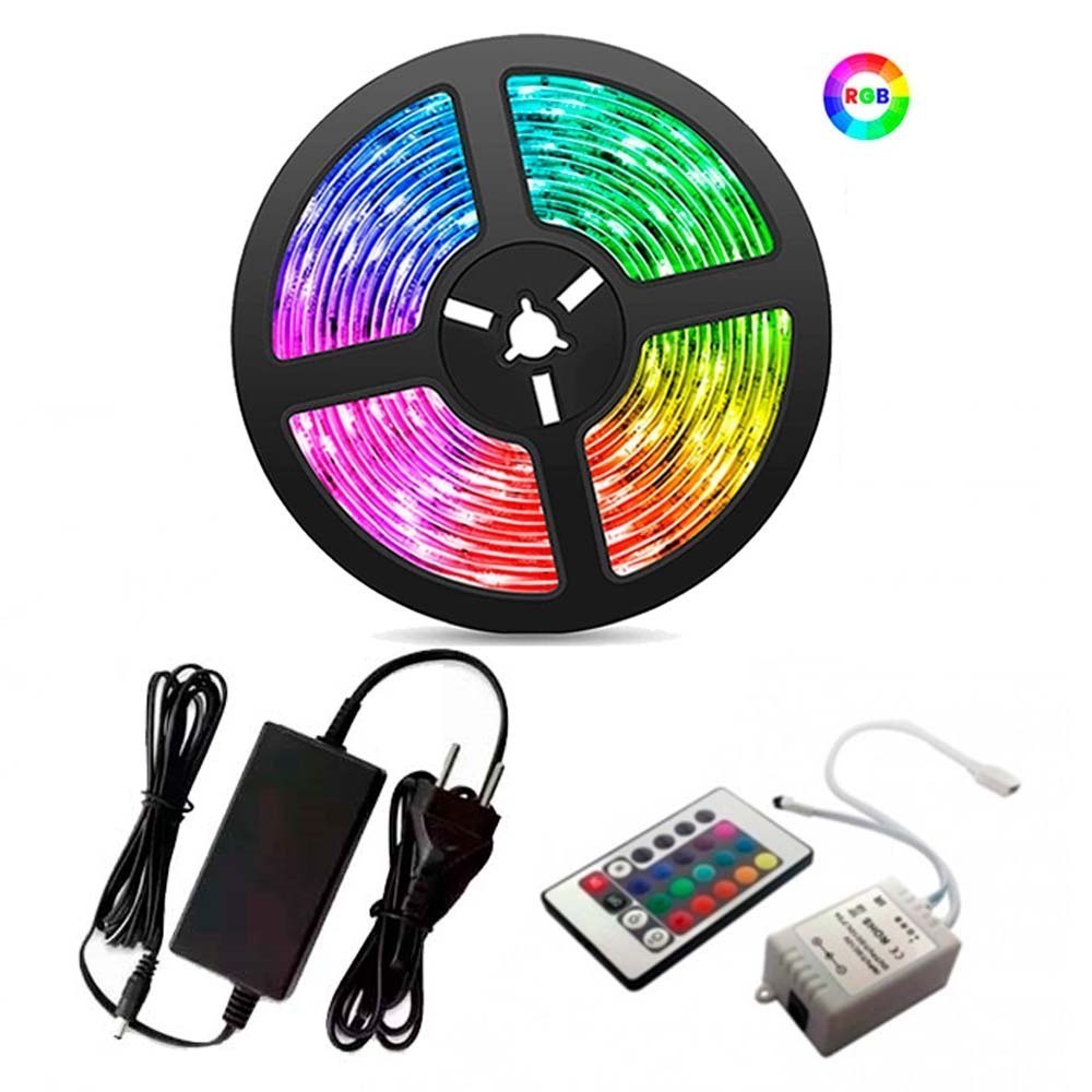 Fita Led 5050 5 Metros Com Controle Rgb com fonte Rolo 5m 16 Cores ...