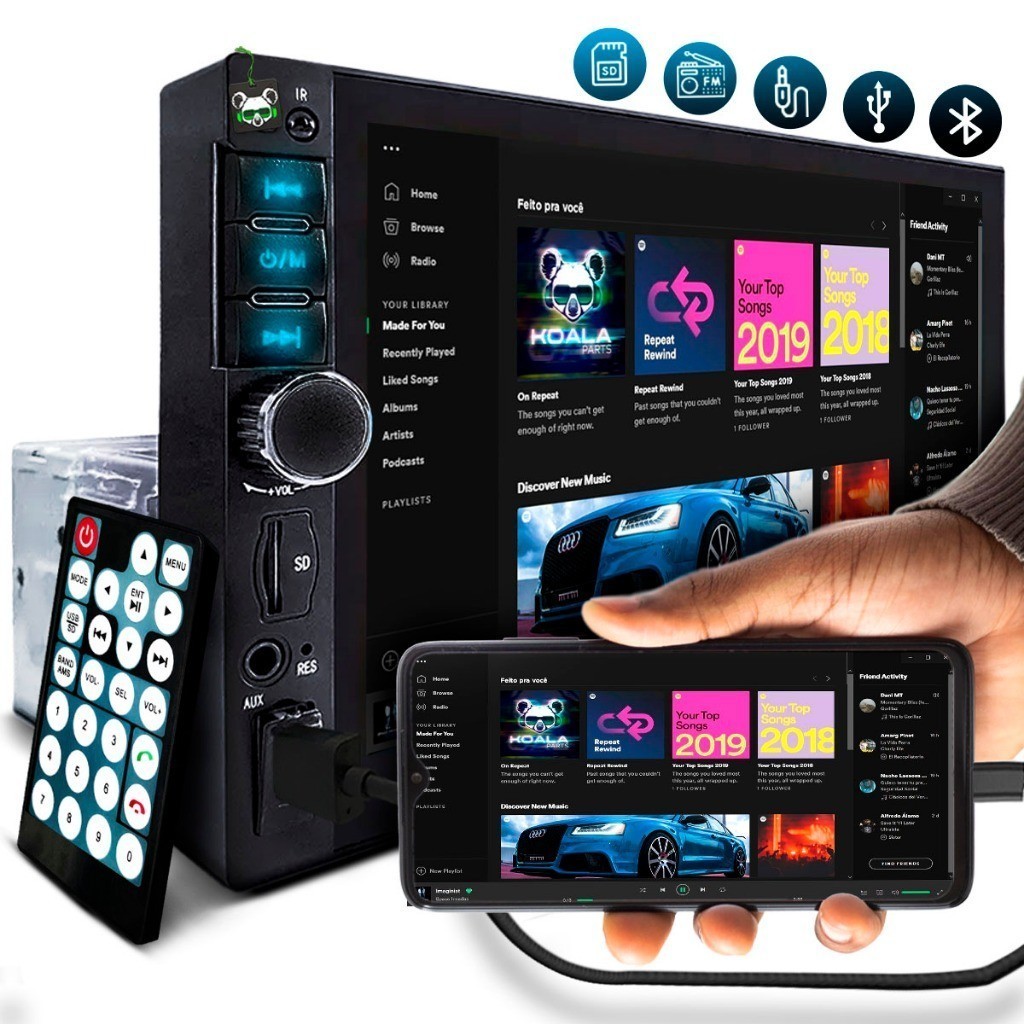 Central Multimídia Universal Mp5 1 Din Espelhamento Usb Bluetooth SD Tela 7 Pol Som Carro ...