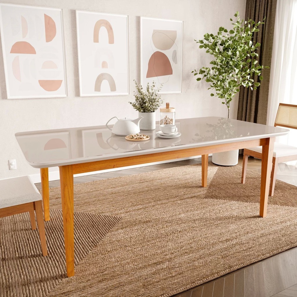 Mesa de Jantar 8 Lugares 2,10m Tampo MDF e Vidro Pés Madeira Maciça ...