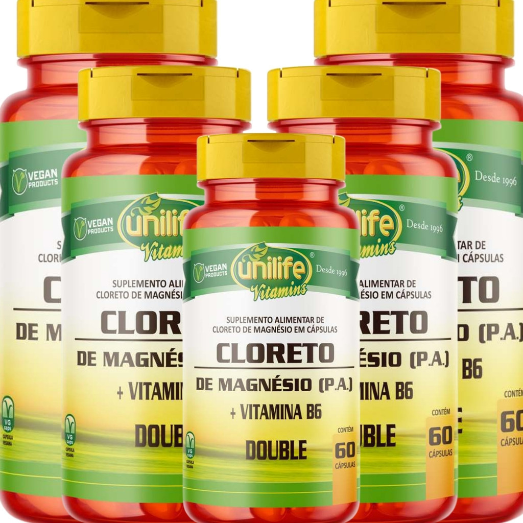 KIT 5 - CLORETO DE MAGNÉSIO P.A + VITAMINA B6 - 60 CAPSULAS - UNILIFE - 1462 | Shopee Brasil