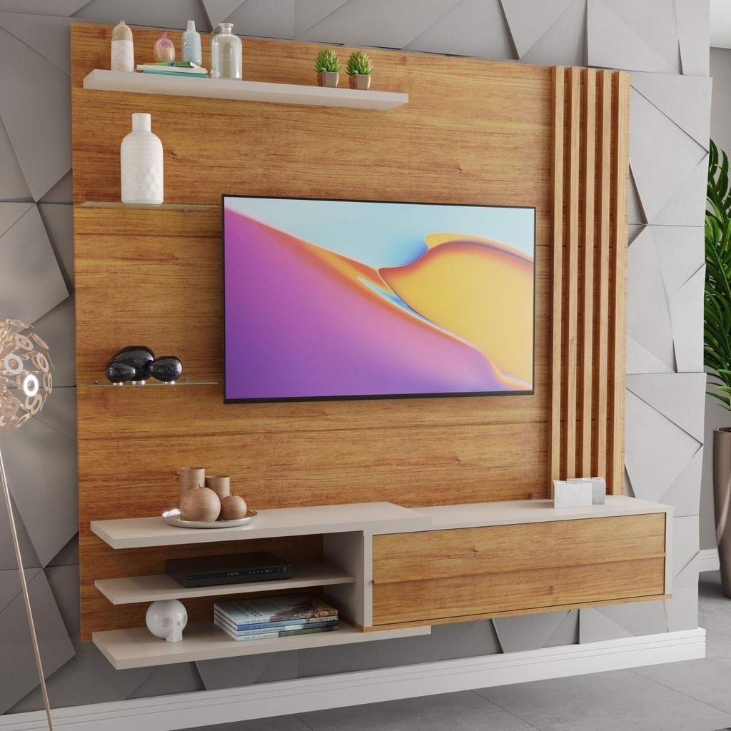 Painel para TV até 60 Polegadas Ripado 1 Porta Zinder Mel/Off White | Shopee Brasil