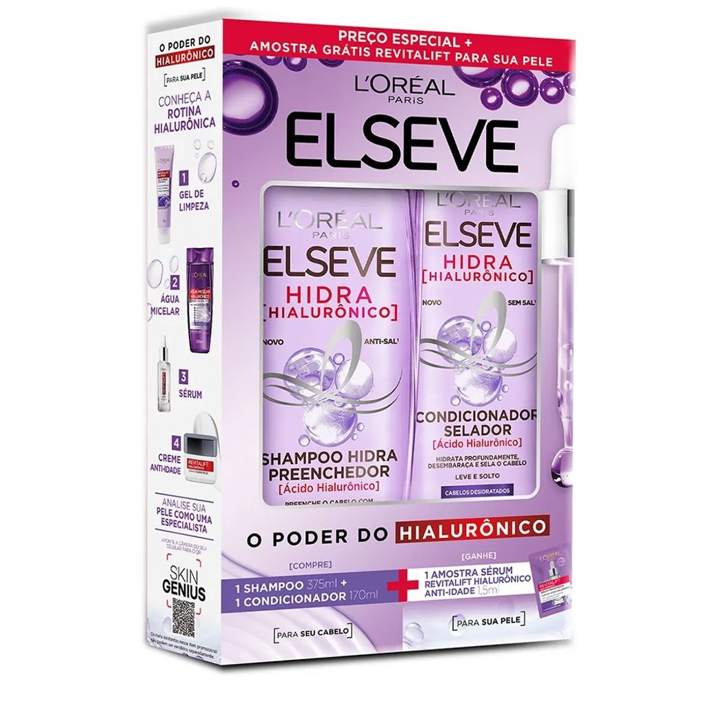 Kit Elseve Shampoo + Condicionador + Sachê Sérum Revitalift Hialurônico ...