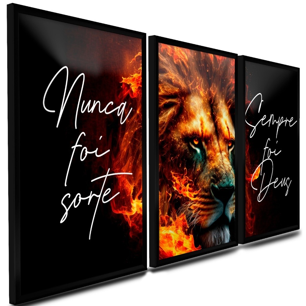 kit quadros decorativos leão de júda fogo frase nunca foi sorte, sempre ... kit quadros decorativos leão de júda fogo frase nunca foi sorte, sempre ...