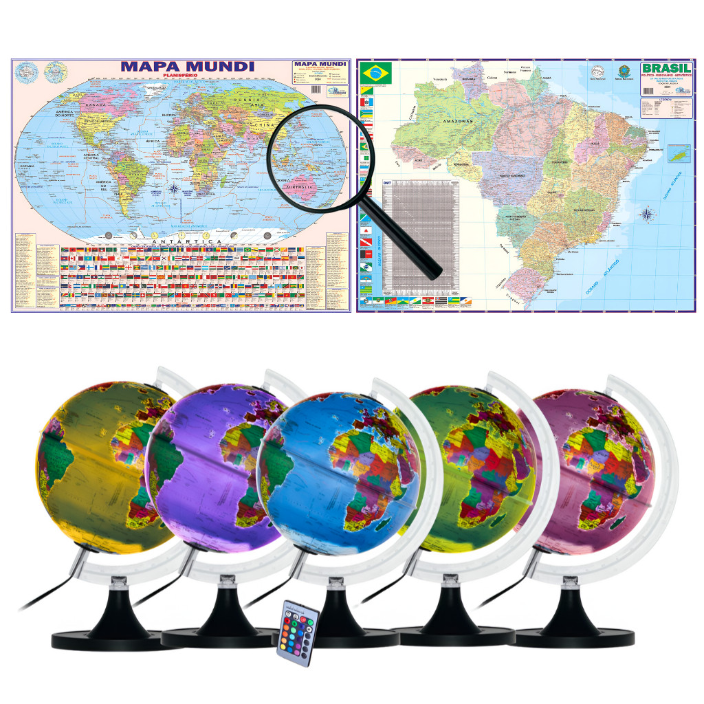 Globo Terrestre 43cm Alt Luz LED muda de cor + Lupa + Mapa Mundi e ...