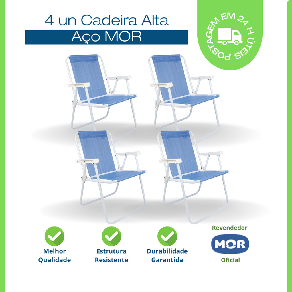 Kit 4 Cadeira de Praia Alta Aço Sannet 110Kg Azul - MOR | Shopee Brasil