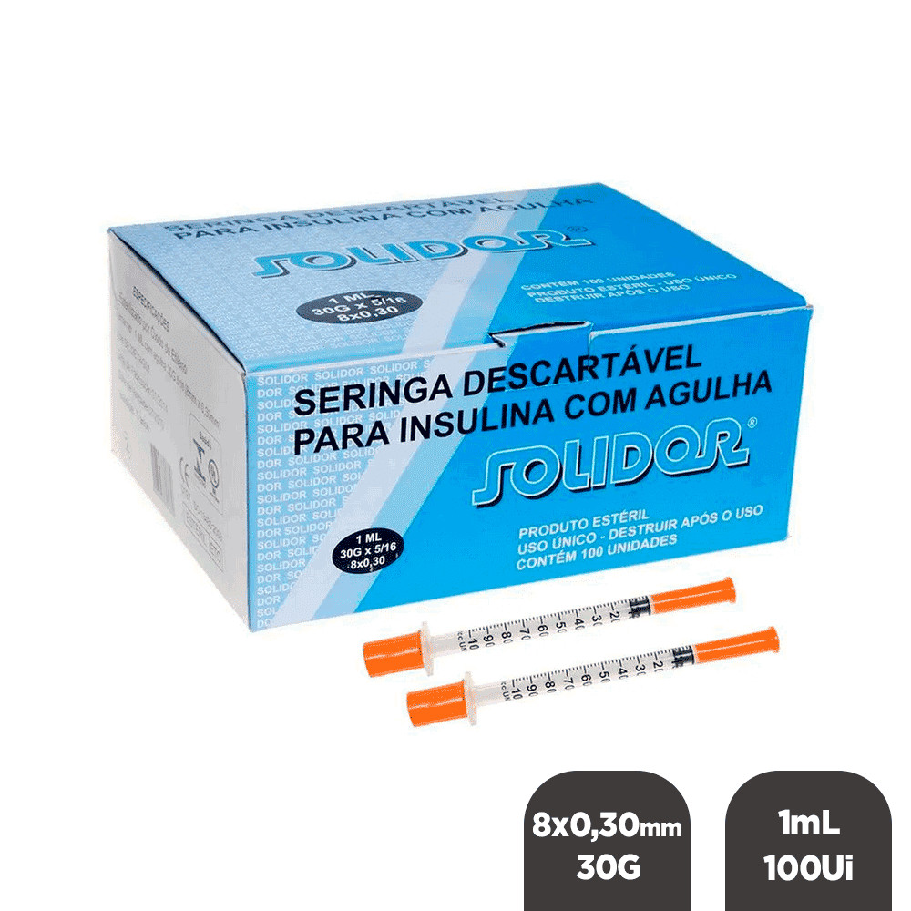 Seringa Insulina 1mL 100UI Agulha Fixa 8x0.30mm 30G C/ 100un Solidor ...