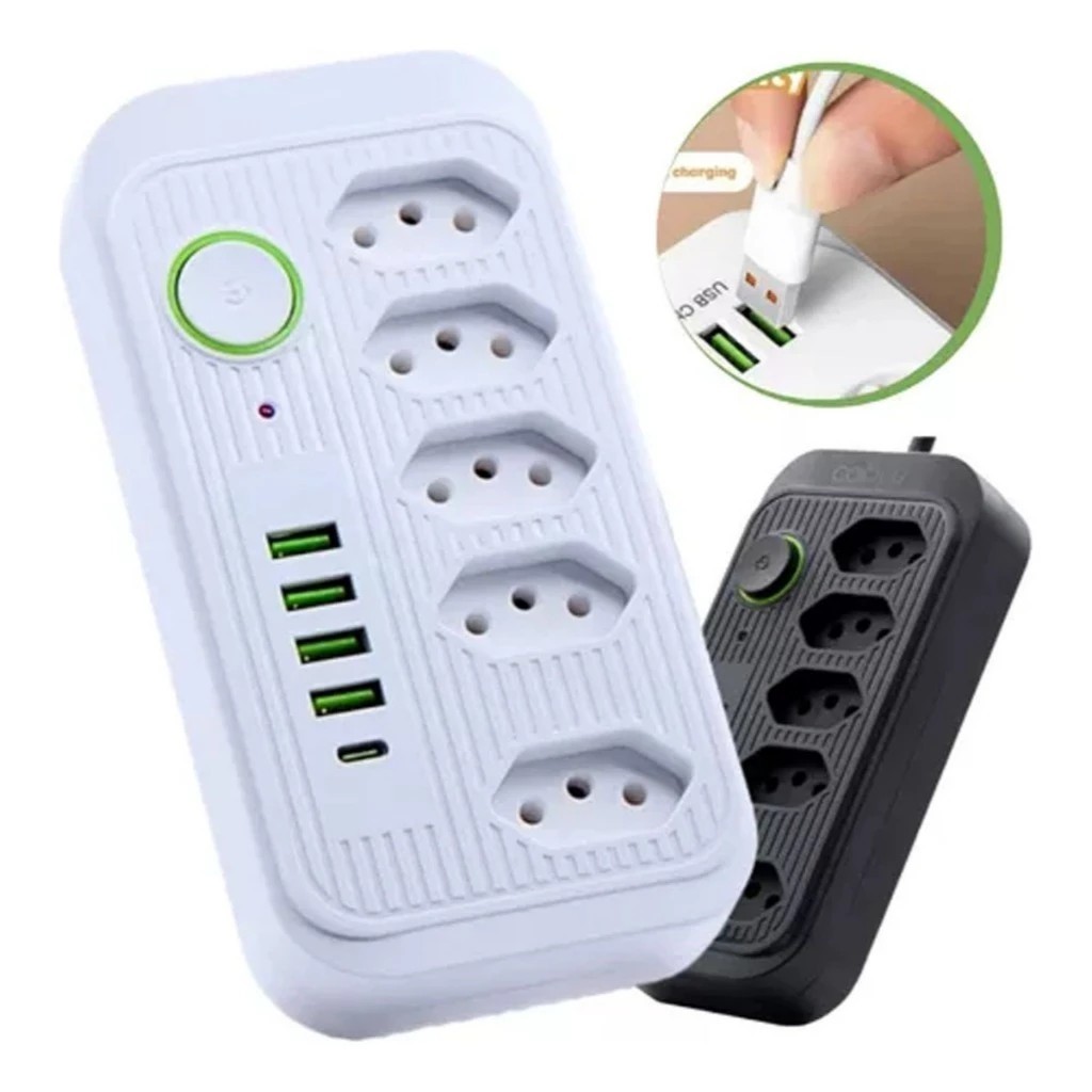 filtro de linha extensão de 2 metros com 5 tomadas 4 usb e 1 entrada tipo-c | Shopee Brasil