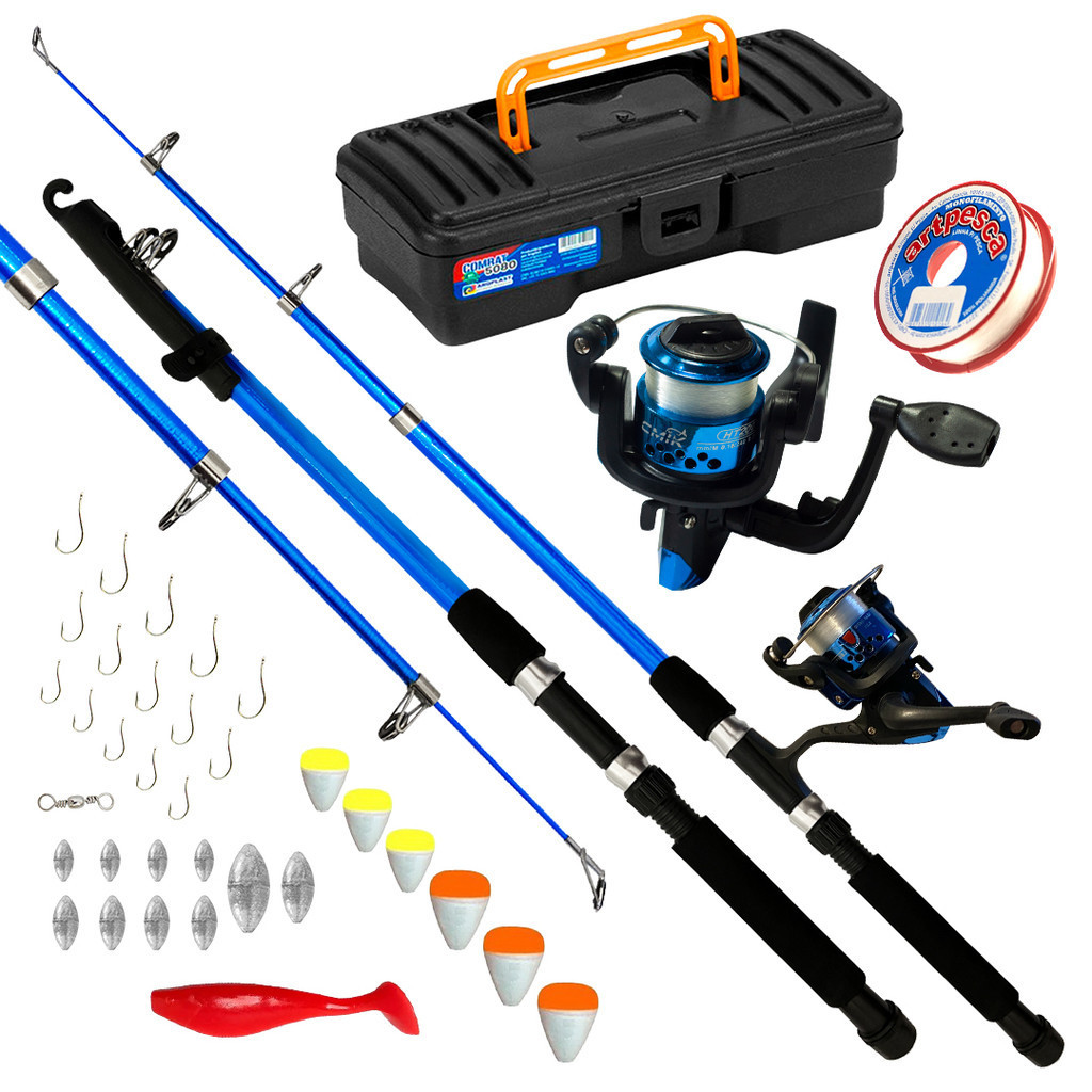 Kit Pescaria Vara de Pesca Telescópica Azul 1.65m e Kit de Acessórios Conjunto Vara Molinete com ...