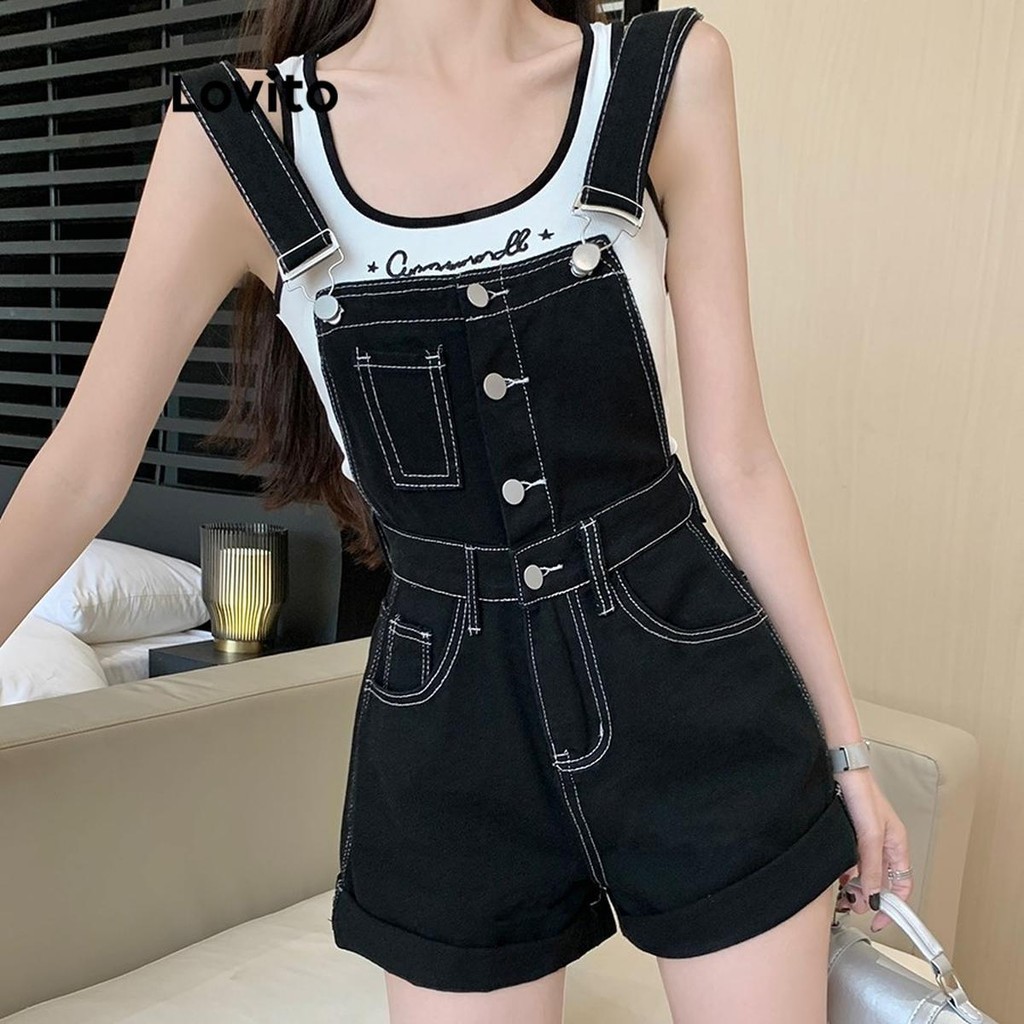 Lovito Casual Sobretudo Feminino de Denim Cru Lavado Liso com Botão e Bolso LNE45351 | Shopee Brasil