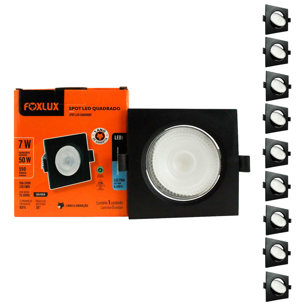 Kit 10 Spots LED Foxlux 7W Quadrado Preto 6500K Bivolt | luz branca intensa, design sofisticado ...