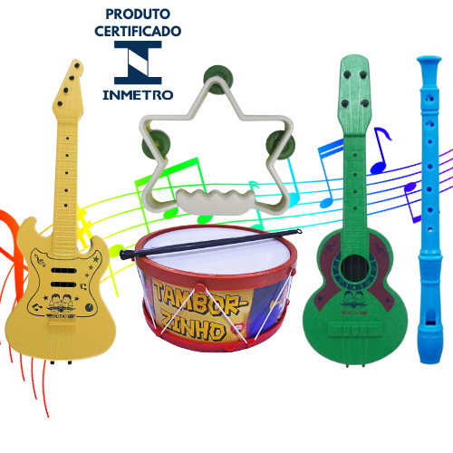 Kit Musical Brinquedos Educativo C/5 Instrumentos Tambor Violão Pandeiro Estrela Flauta Infantil ...
