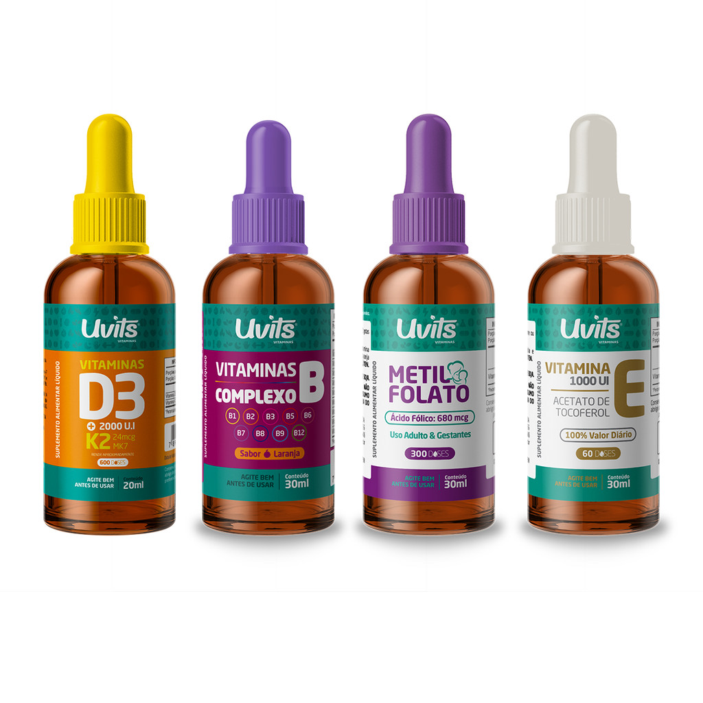 Kit Bem Estar Uvits - D3 K2 20ml + Complexo B 30ml + Metilfolato 30ml + Vitamina E 30ml | Shopee ...