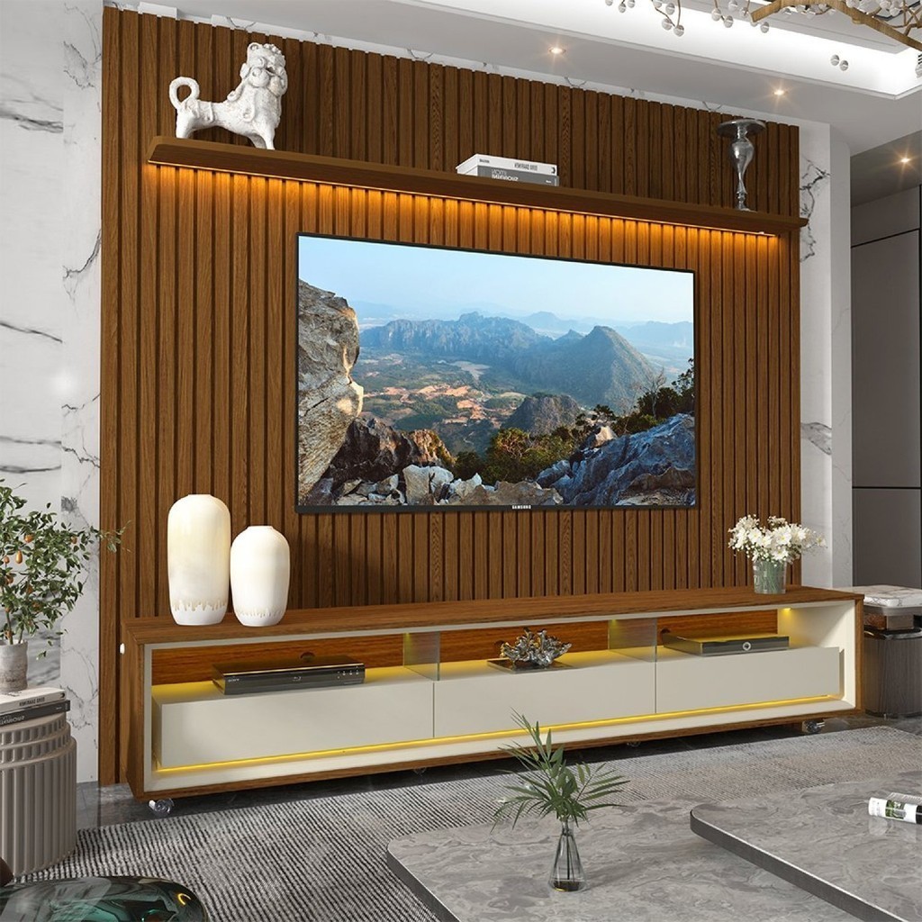 Rack com Painel Ripado para Tv até 85 Polegadas Led 3 Gavetas com Rodízios 230cm Naturale 100% ...