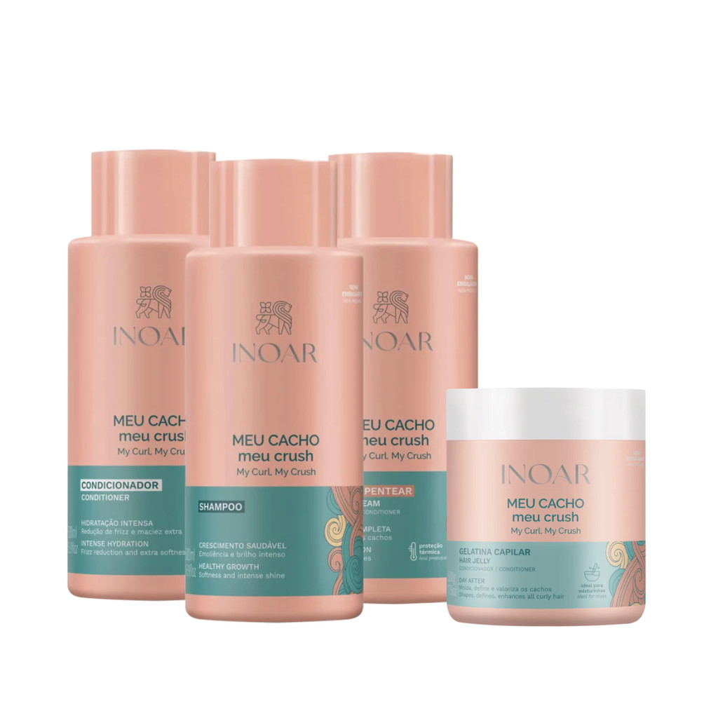 Inoar Meu Cacho Meu Crush Shampoo, Condicionador e Creme de Pentear 500 ml e Gelatina 500 gr (4 ...