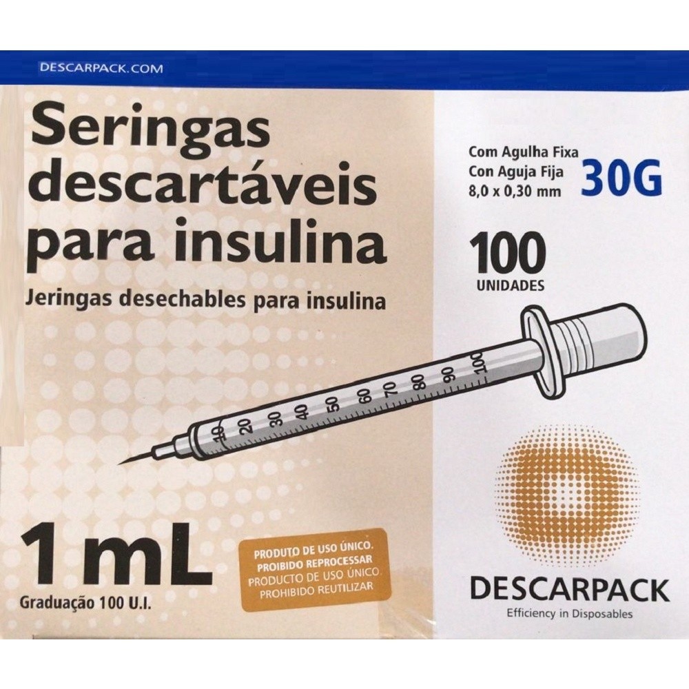 Seringa de insulina 1ml 8.0x0,30mm C/agulha Fixa 100 Unidades ...