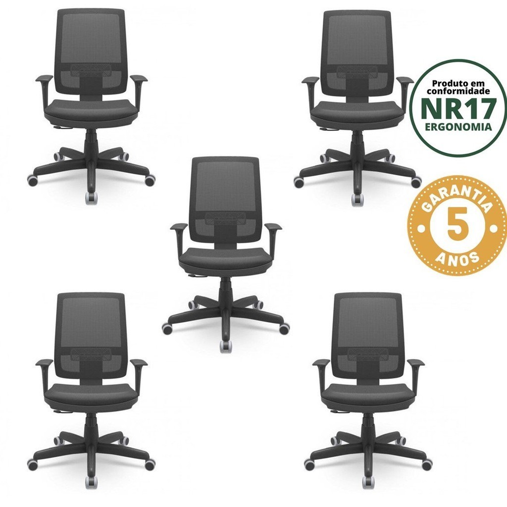 Kit 5 Cadeiras Escritório Presidente Ergonômica NR17 Tela Mesh Brizza ...