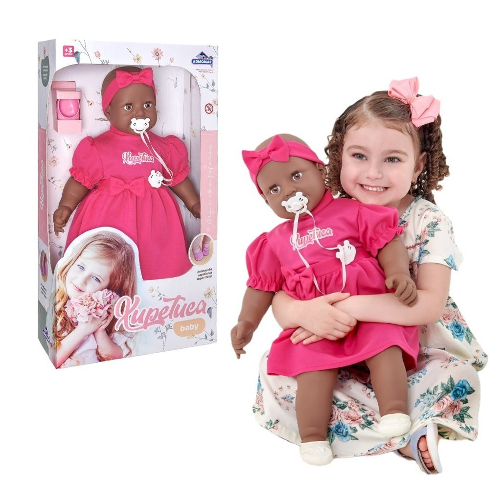 Boneca Bebê Xupetuca Negra Olho Móvel c/ Chupeta e Sapatinhos 65cm ...