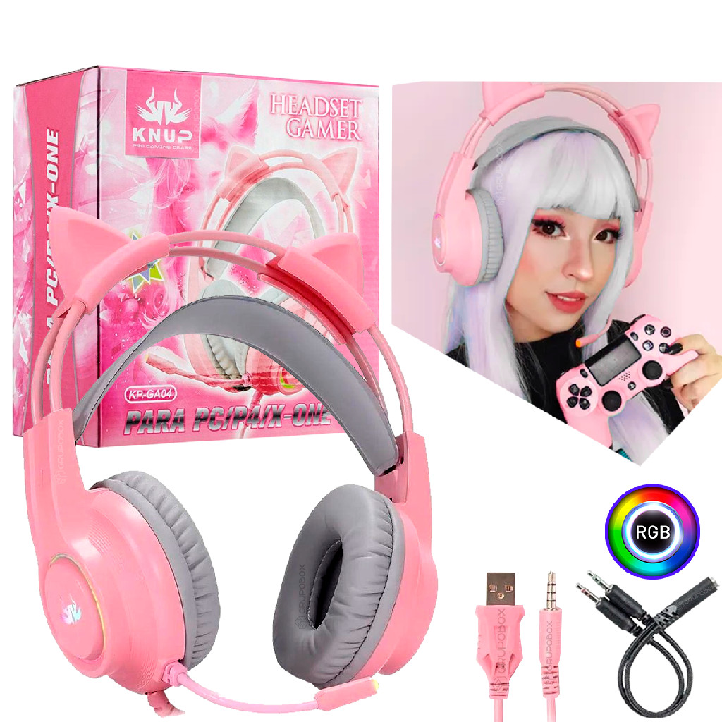 Fone de Ouvido Headset Led Gamer Orelhas Gatinho com Microfone Rosa Ps4 ...