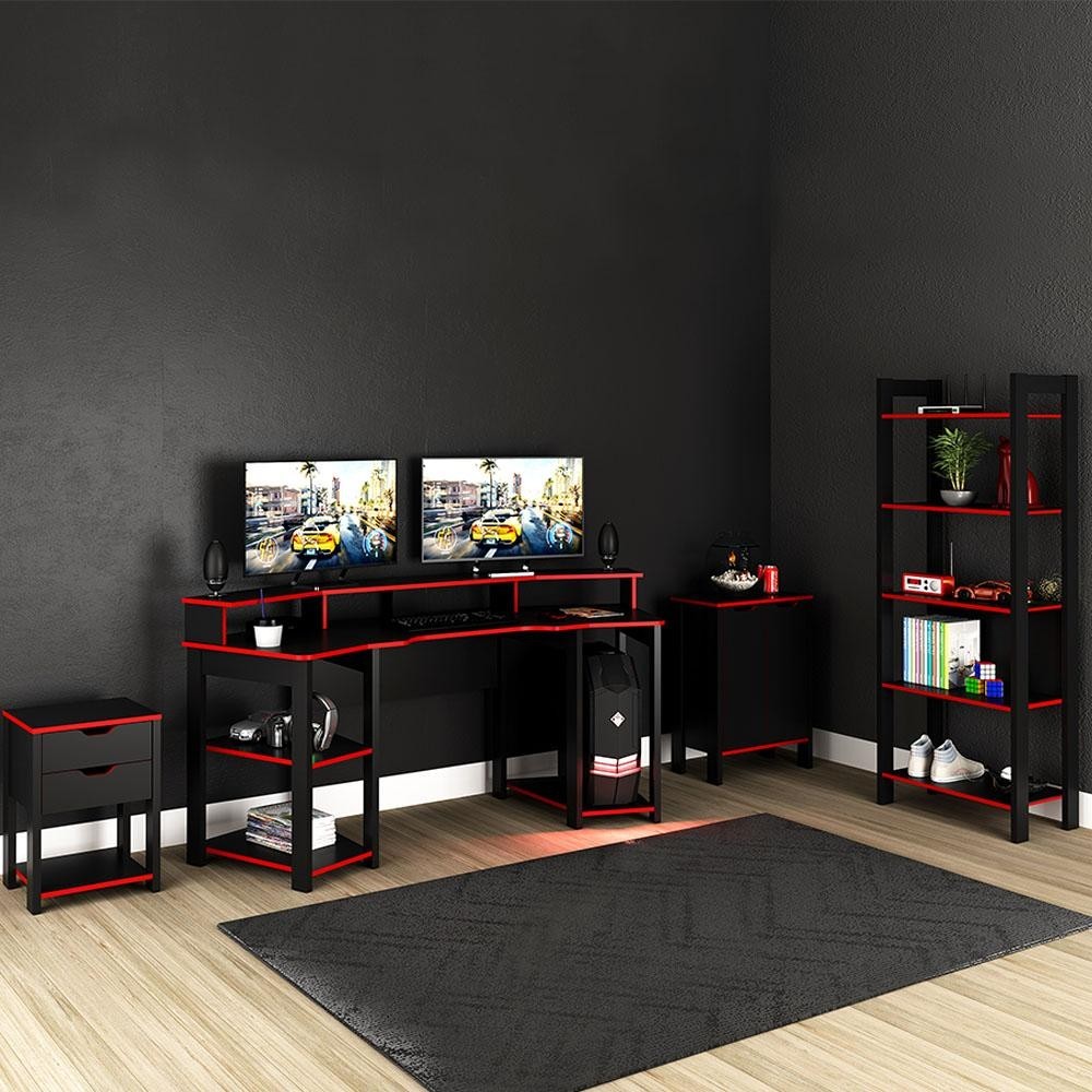 Conjunto Mesa Armário Estante e Gaveteiro para Escritório Home Office ...