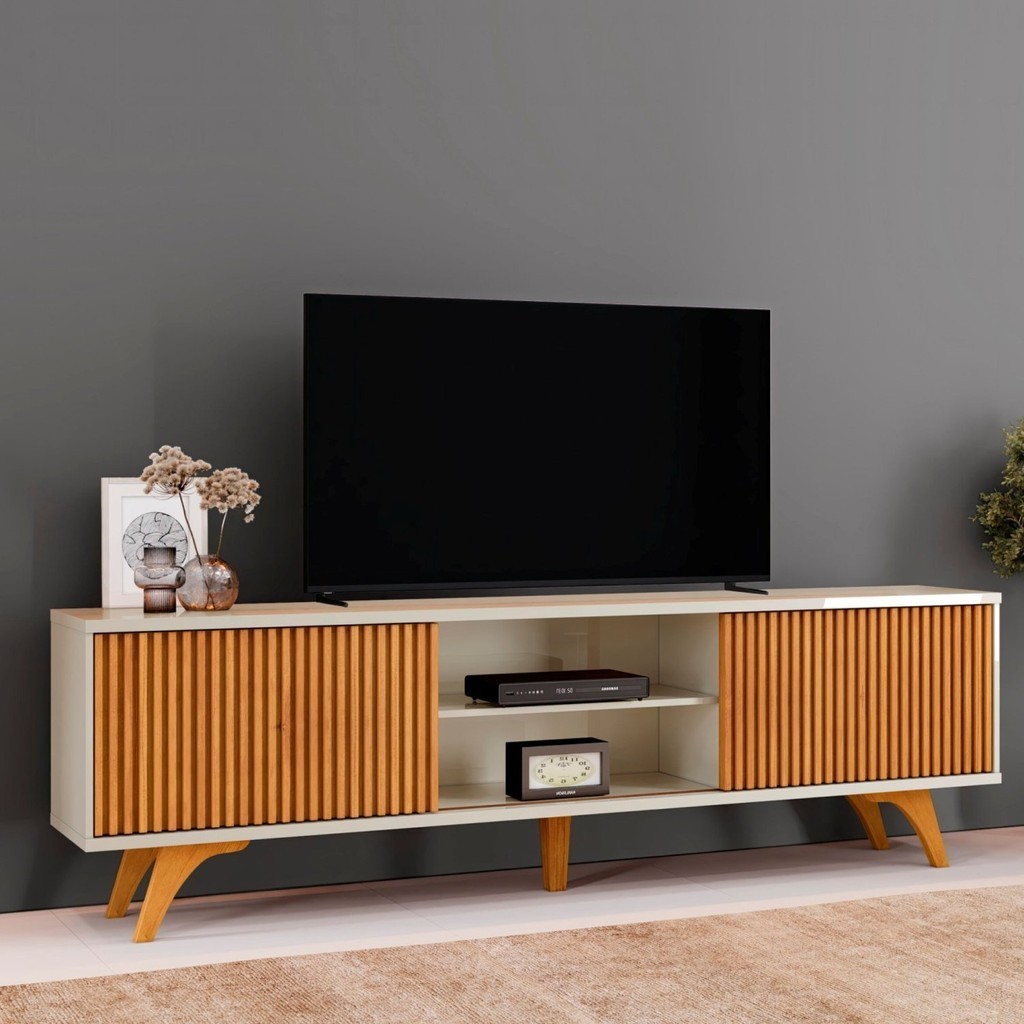 Rack para TV até 75 Polegadas 100% MDF com Ripado 2 Portas de Correr ...