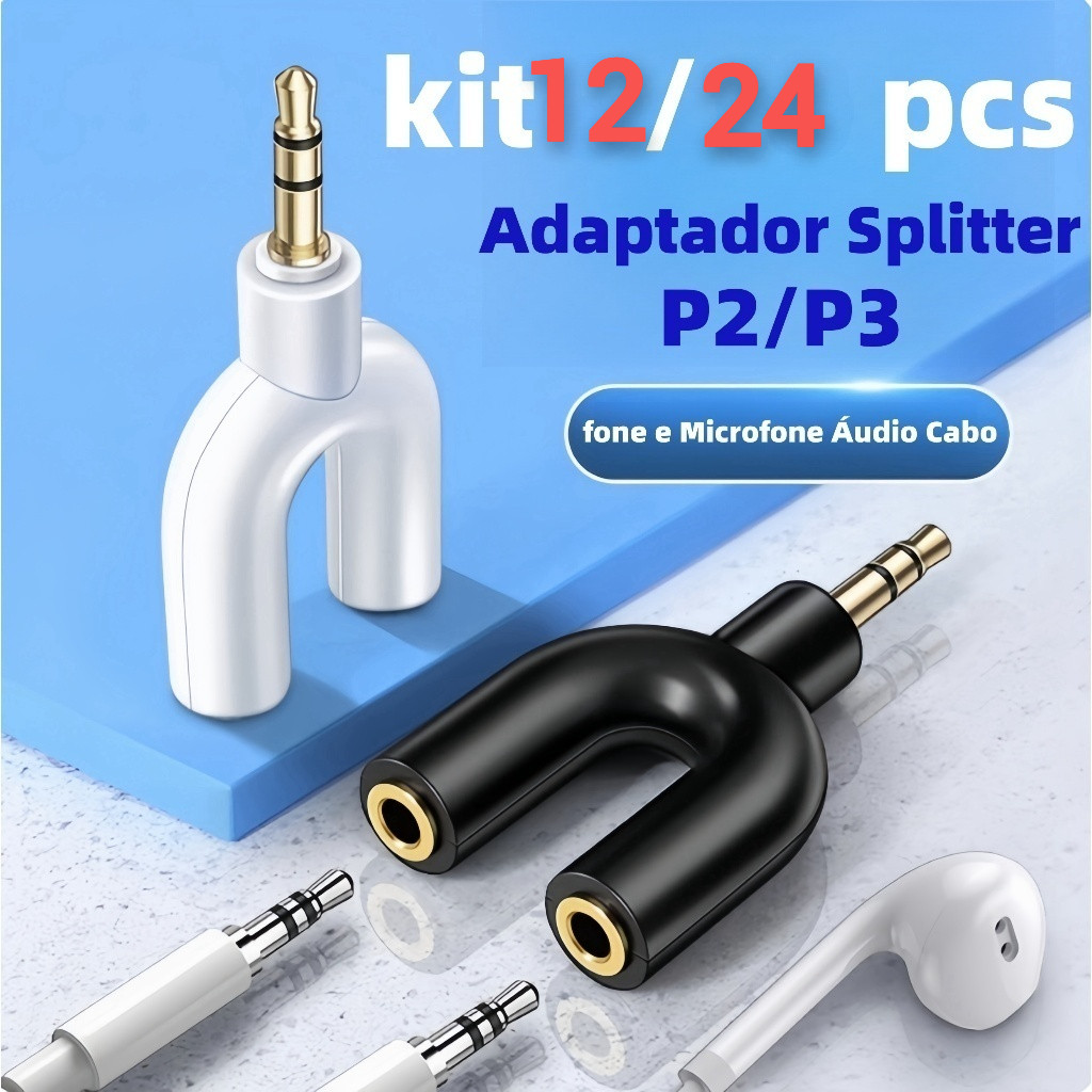 kit 12/24 Plug Adaptador Splitter p3 para p2 divisor, Para fone e ...