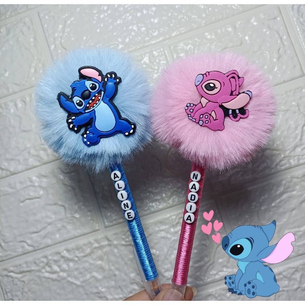 Caneta bic personalizada pompom tema Stitch Angel feito a mão com nome ...