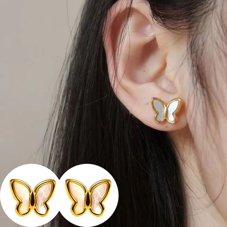 Brincos de borboleta de concha branca de aço de titânio brilhante ...