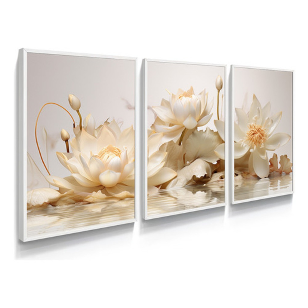 Kit 3 Quadros Flor De Lotus Branca Dourada Quarto Sala Hall | Shopee Brasil