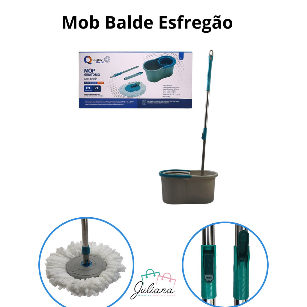 Mop Giratório com Cabo Inox Regulável + Balde Multiuso 12 Litros ...