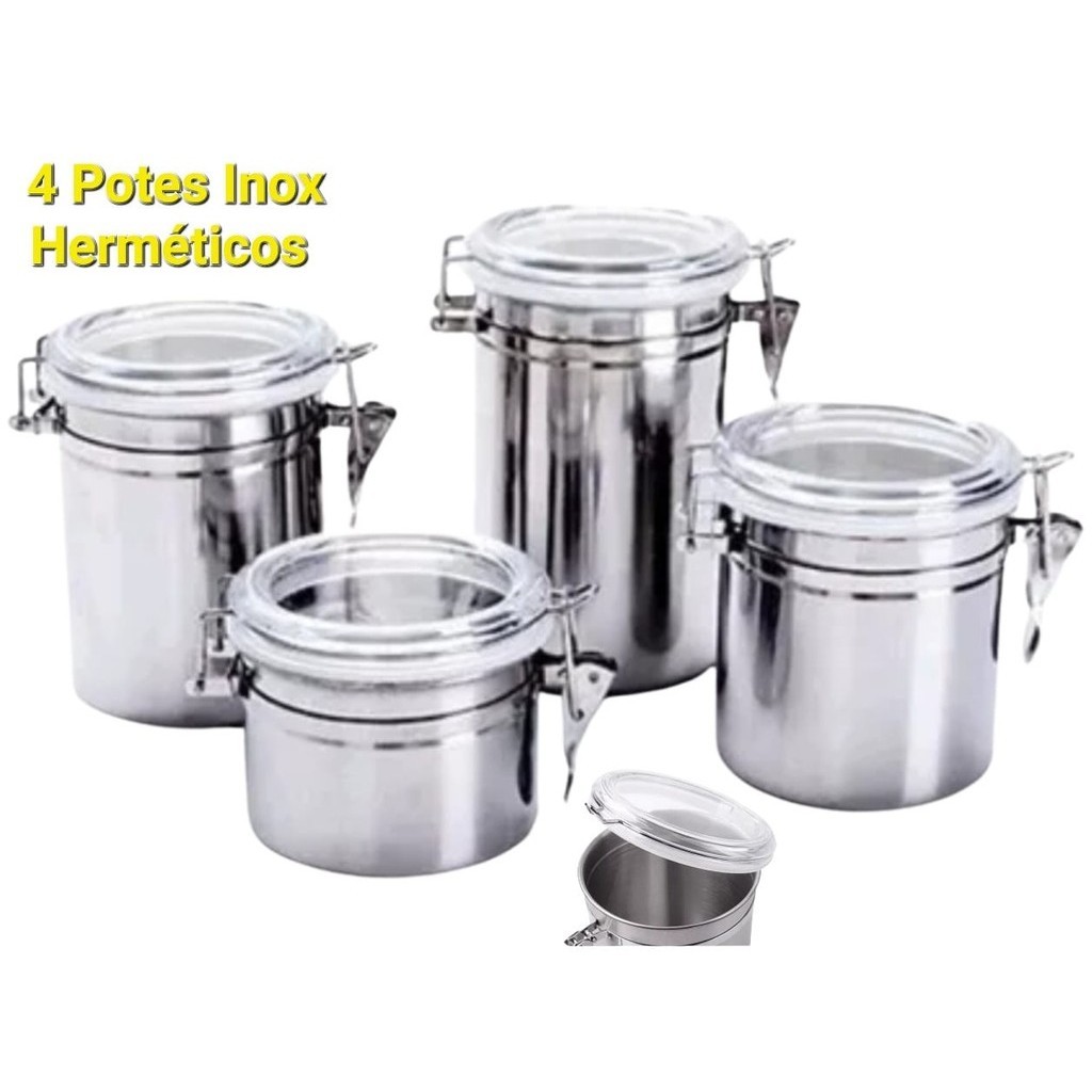 Kit 4 Pote Potes Inox Herméticos Com Tampa Plástica E Trava Cozinha ...