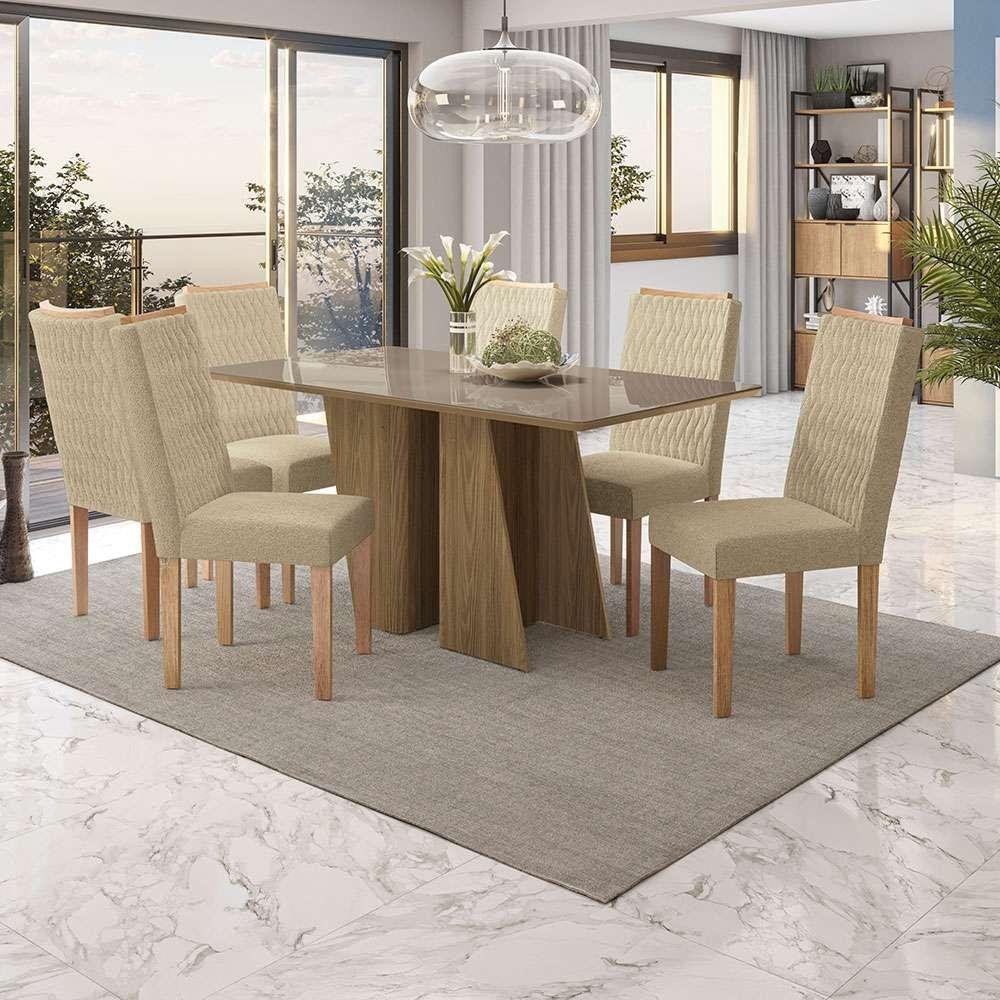 Conjunto de Mesa de Jantar Retangular com Tampo de Vidro e 6 Cadeiras Léa Bouclé Bege e Nogueira ...