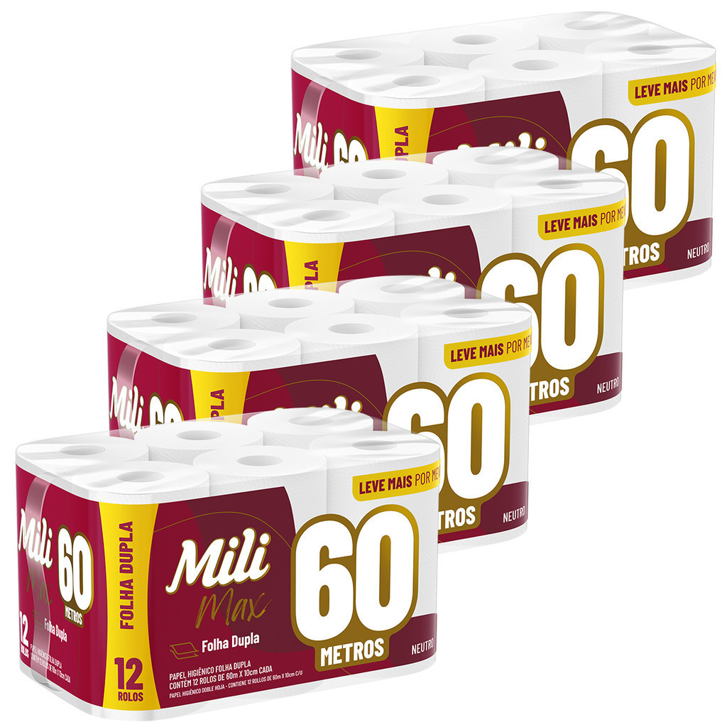 Kit 4 Fardos Papel Higiênico Folha Dupla Mili 12 Rolos com 60 Metros ...