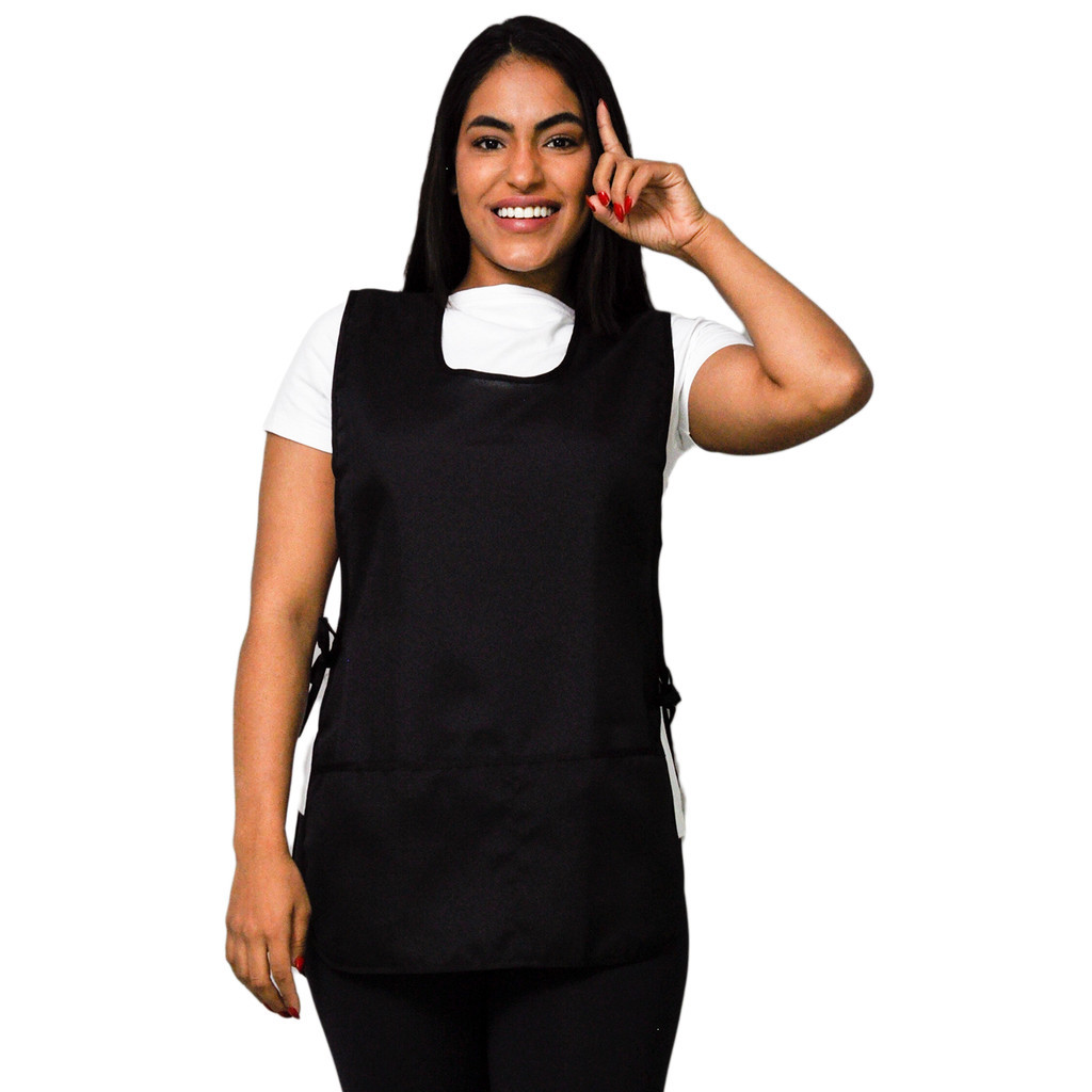 Avental Bata Oxford Liso Preto Frente e Costa Com 2 Bolsos Uniforme ...