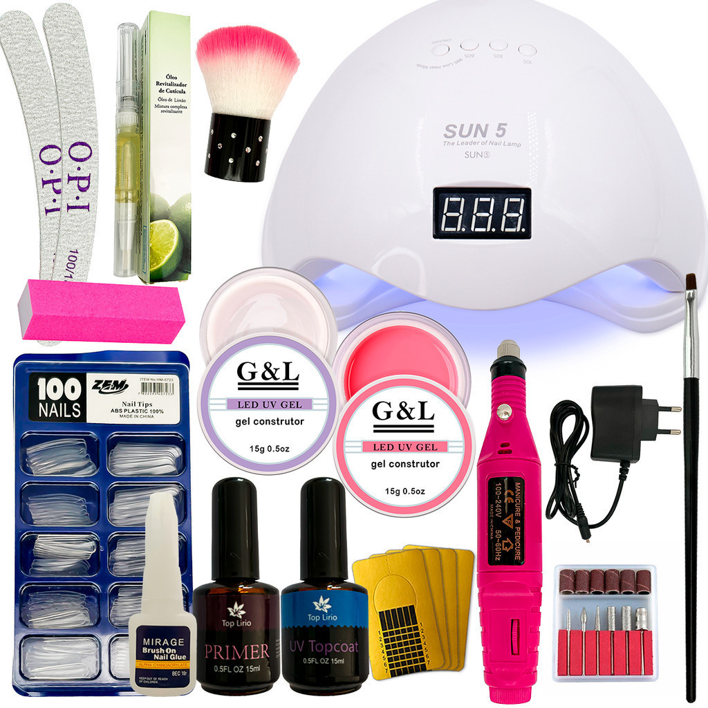 Kit Alongamento Unhas em Gel de Manicure Cabine Sun5 Lixadeira Eletrica ...