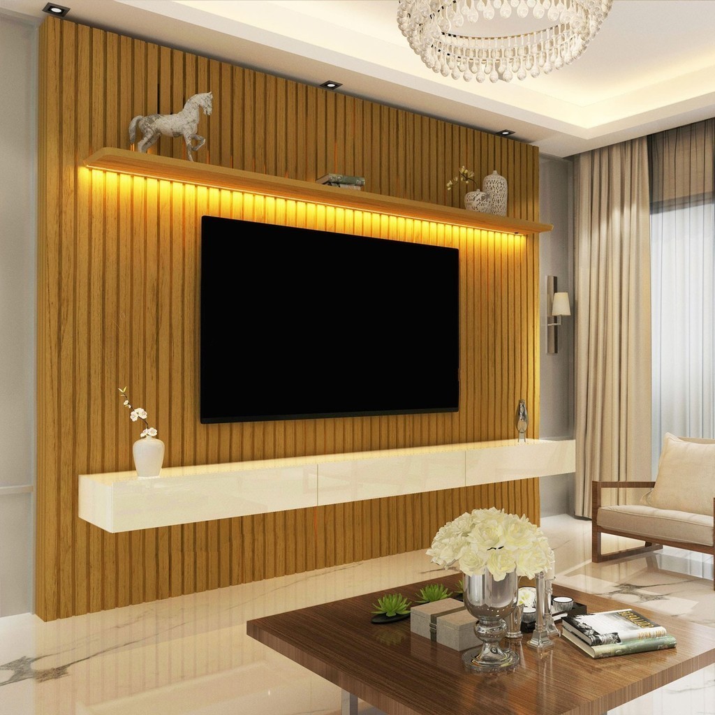 Painel para TV até 85 Polegadas Ripado com LED Nobre 230cm 100% MDF Naturale/Off White | Shopee ...