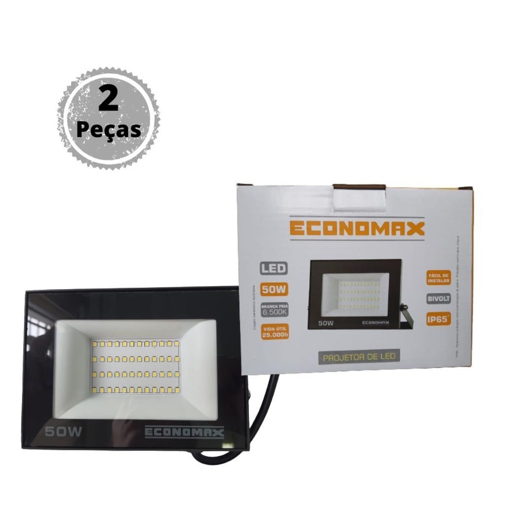 Kit 2 Refletor Led 50W Bivolt Branco Frio 6500K Economax | Shopee Brasil