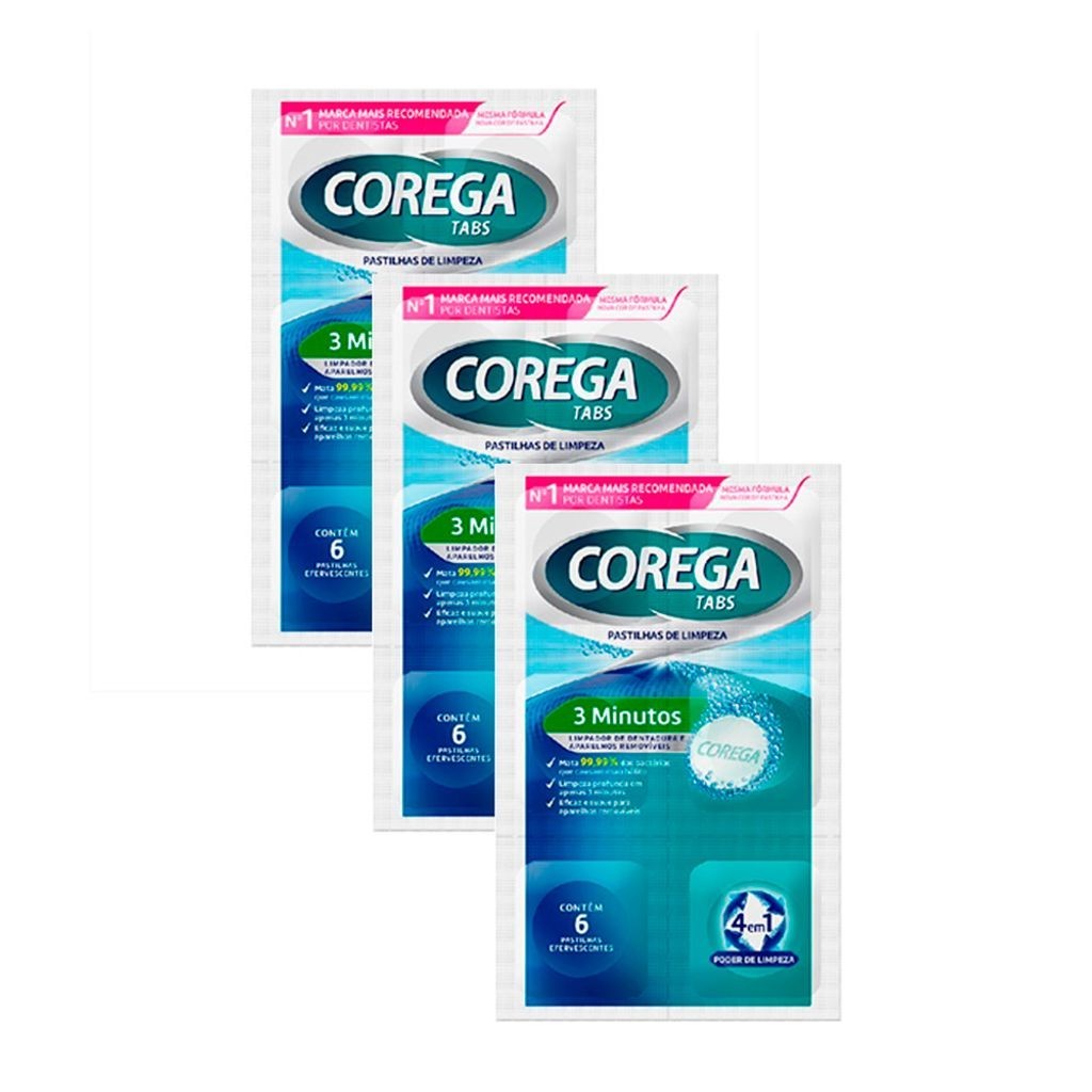 Kit 3 Corega Tabs Limpador de Dentadura 3 Minutos com 6 Pastilhas ...
